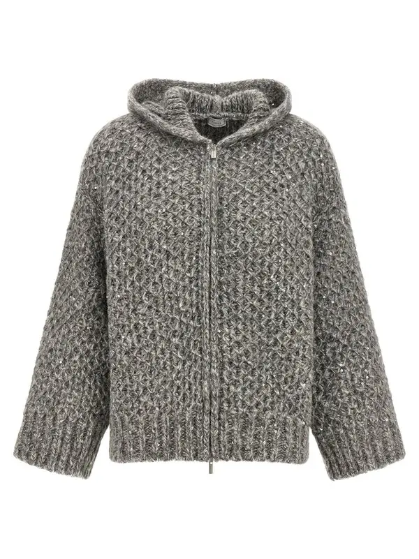 Peserico Zipped Hooded Cardigan With Micro Sequins