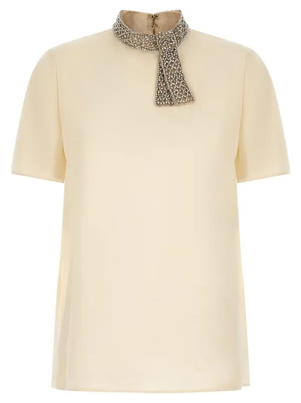 Valentino Garavani Embellished Jewel Collar Silk Top - White
