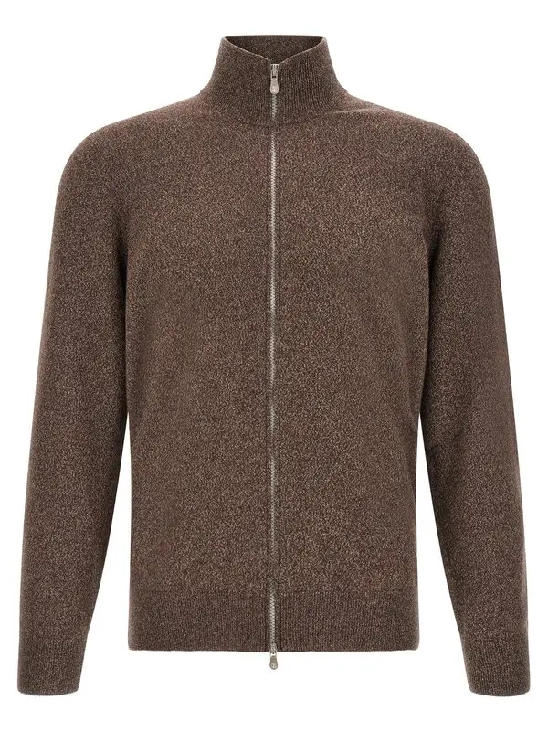 Brunello Cucinelli High Neck Zip Cardigan In Cashmere - Brown