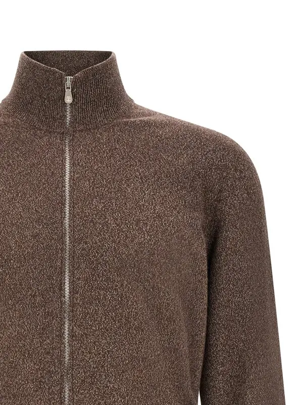 Brunello Cucinelli High Neck Zip Cardigan In Cashmere - Brown
