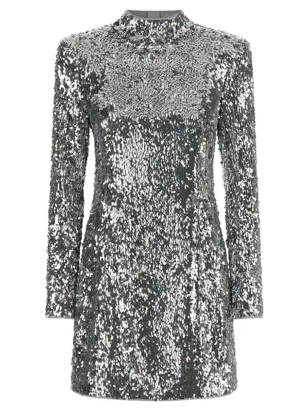 Balmain Sequin Mini Dress With High Neck And Structured Shoulders - Silver
