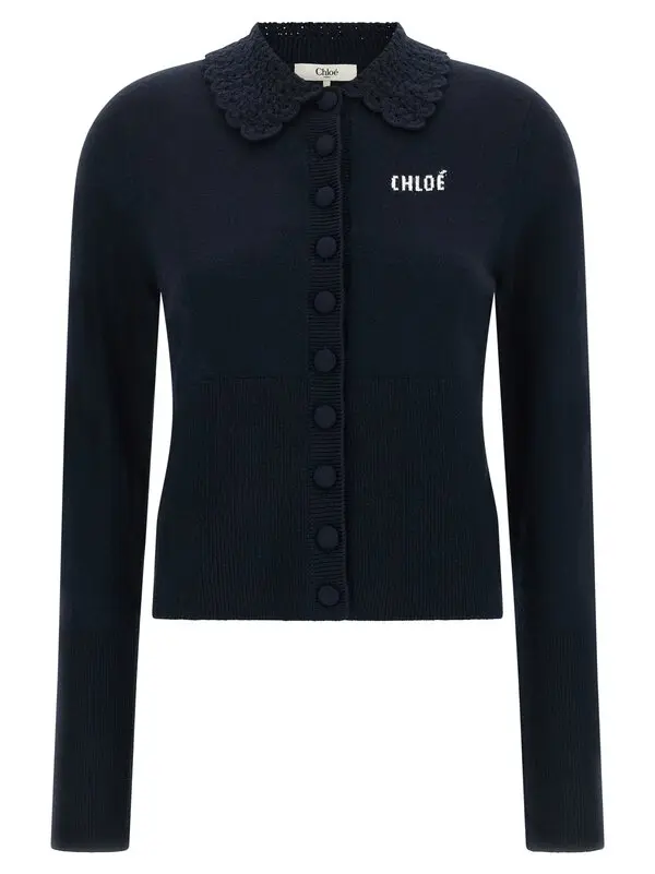 Chloé Navy Pure Wool Crochet Collar Cardigan - Blue
