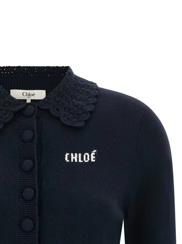 Chloé Navy Pure Wool Crochet Collar Cardigan