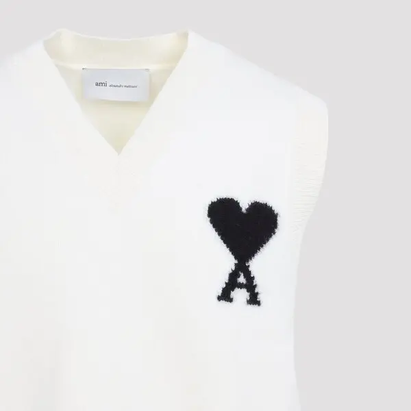 AMI Paris Wool V-neck Sleeveless Sweater With De Cœur Logo