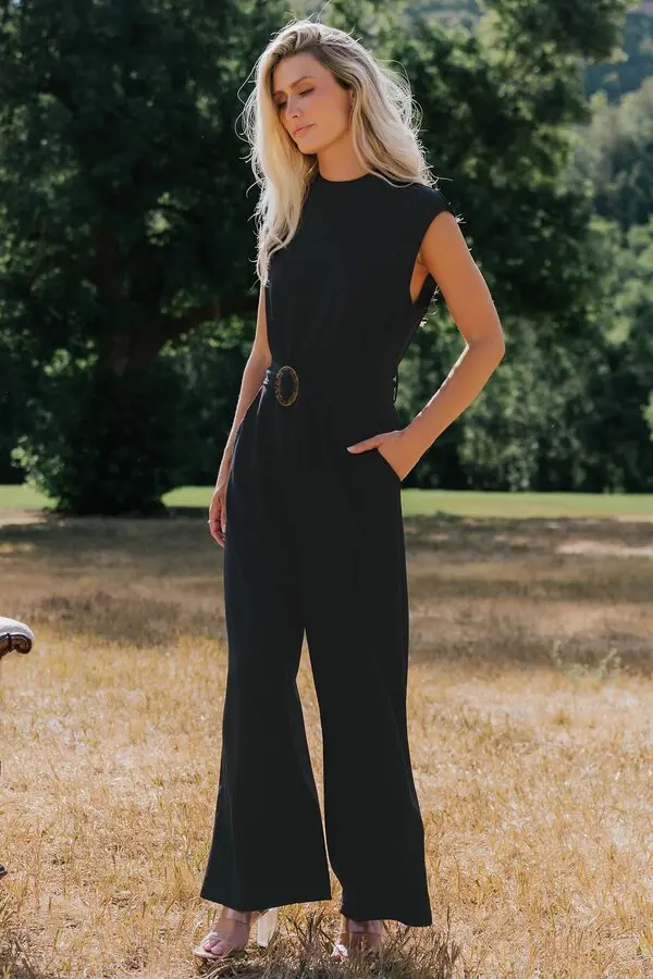 SUGAR LIPS Adelia Tailored Jumpsuit With Mock Neck And Wide-leg Silhouette - Black