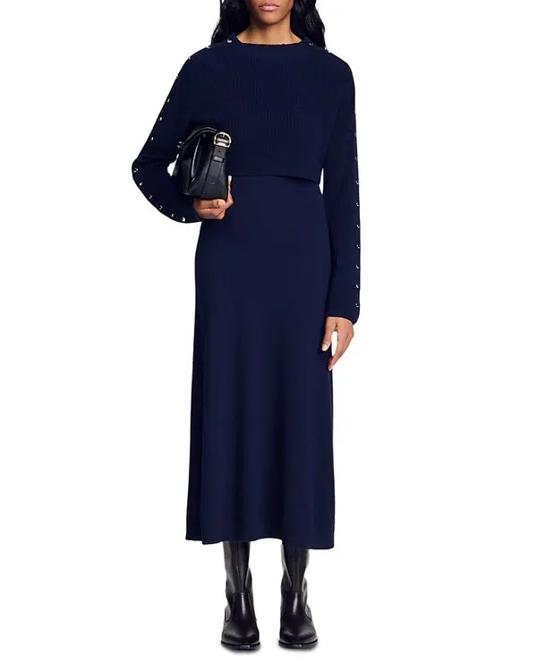 Sandro 2 In 1 Knit Midi Dress - Navy Blue