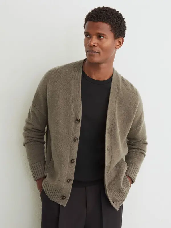 REISS Padstow 100% Cashmere V-neck Cardigan - Sable Green