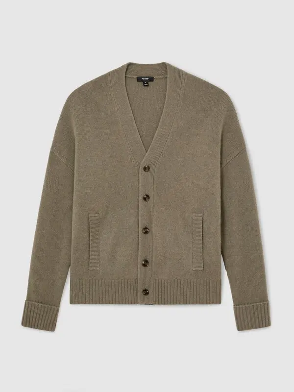 REISS Padstow 100% Cashmere V-neck Cardigan - Sable Green