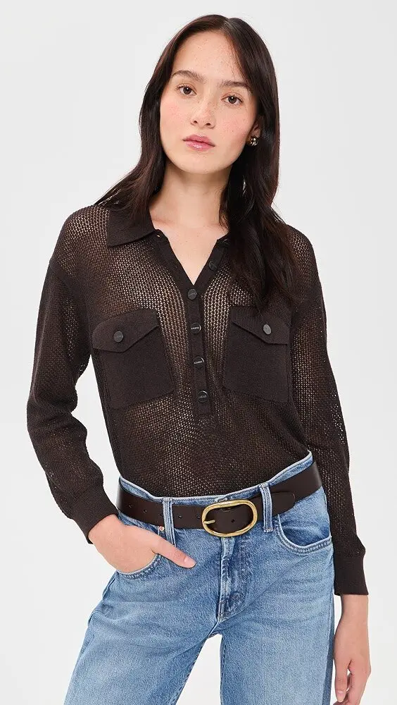 L'Agence Carine Pointelle Collared Sweater With Button Details And Pockets