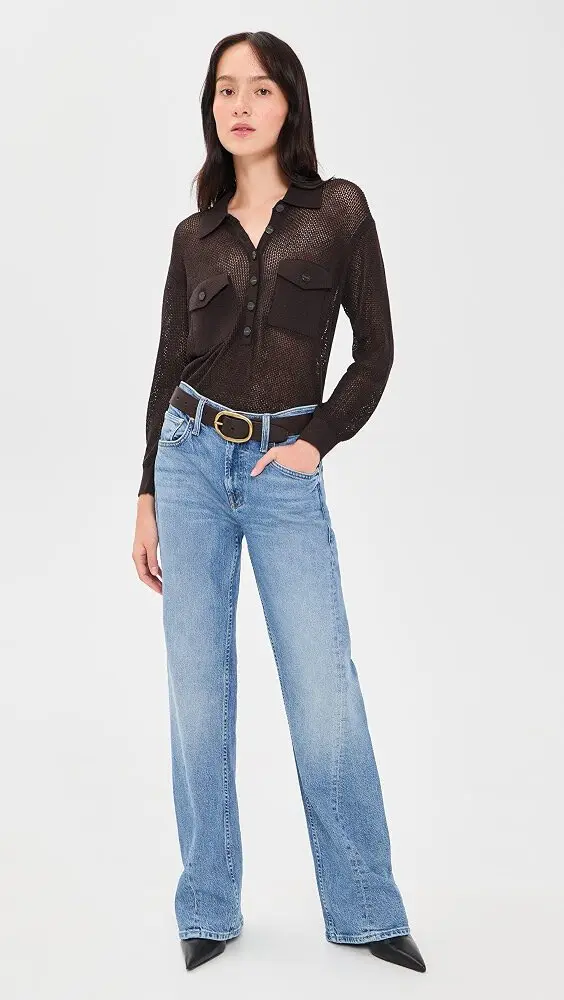 L'Agence Carine Pointelle Collared Sweater With Button Details And Pockets