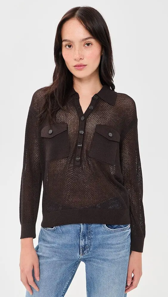 L'Agence Carine Pointelle Collared Sweater With Button Details And Pockets