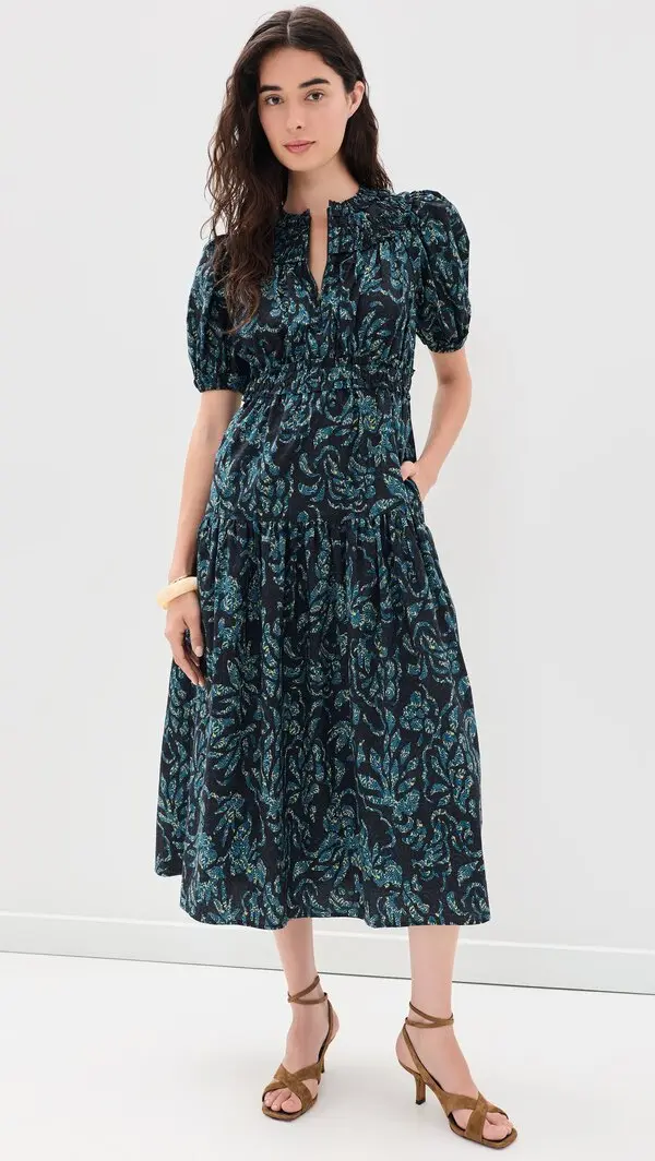 Ulla Johnson Othella Short Sleeve Botanical Print Cotton Dress - Midnight