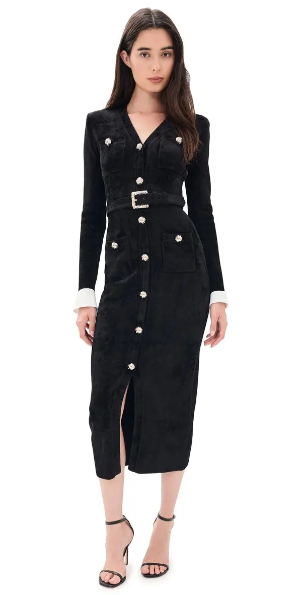 SELF-PORTRAIT Chenille Knit Midi Dress With Belt And Button Detailing - Black