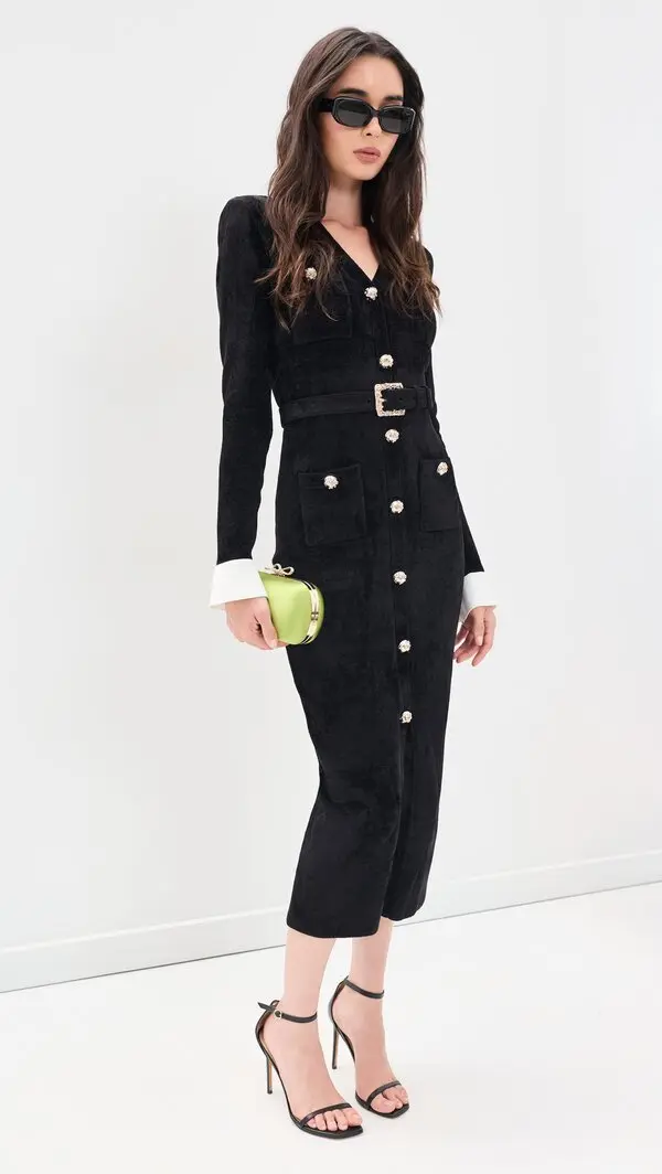 SELF-PORTRAIT Chenille Knit Midi Dress With Embellished Buttons