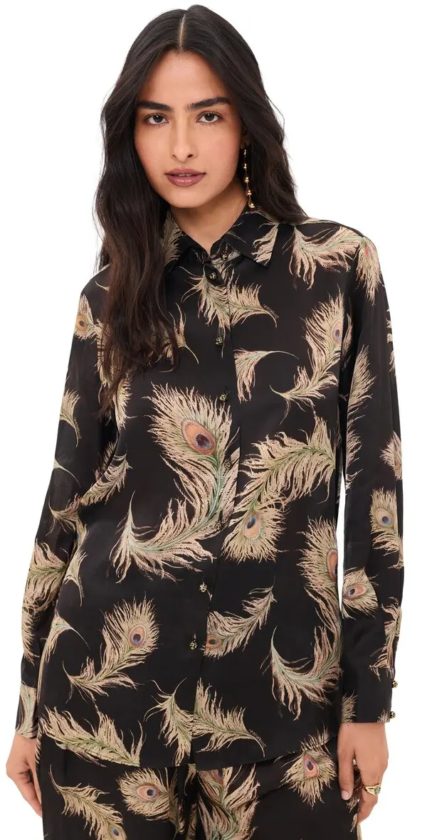 Zimmermann Valiant Silk Button Down Shirt With Peacock Feather Print - Black Feather