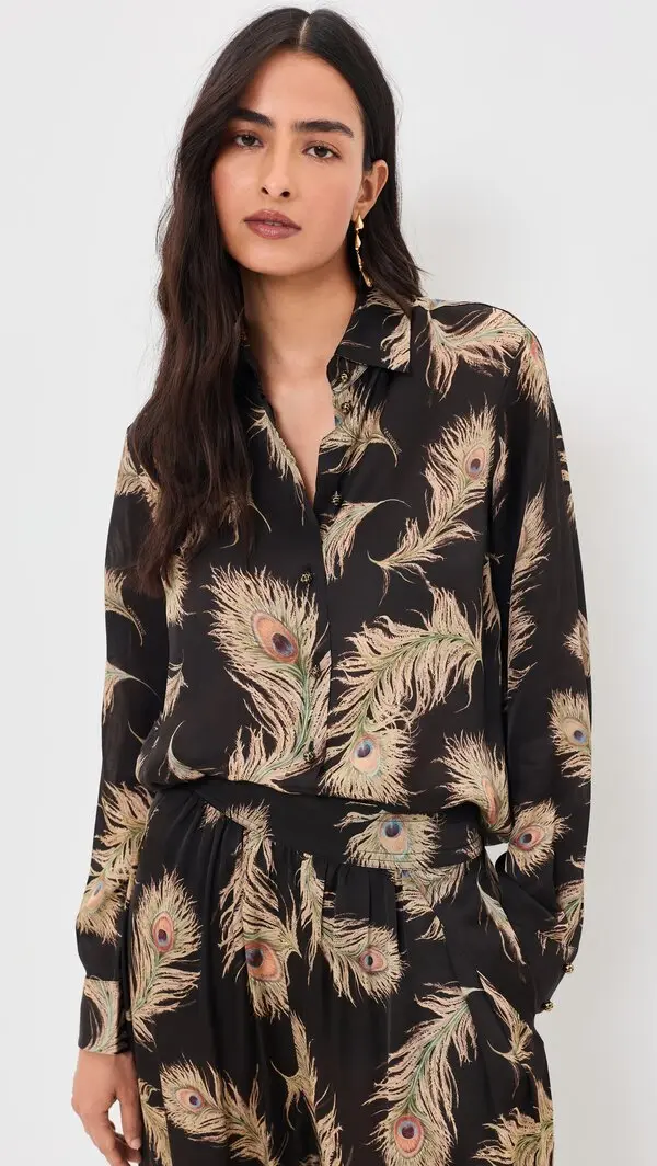 Zimmermann Valiant Silk Button Down Shirt With Peacock Feather Print