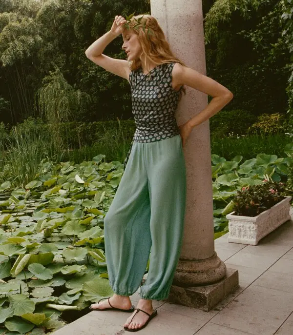 DÔEN Yaria Pant In Silk Georgette With Lace Detail - Malachite