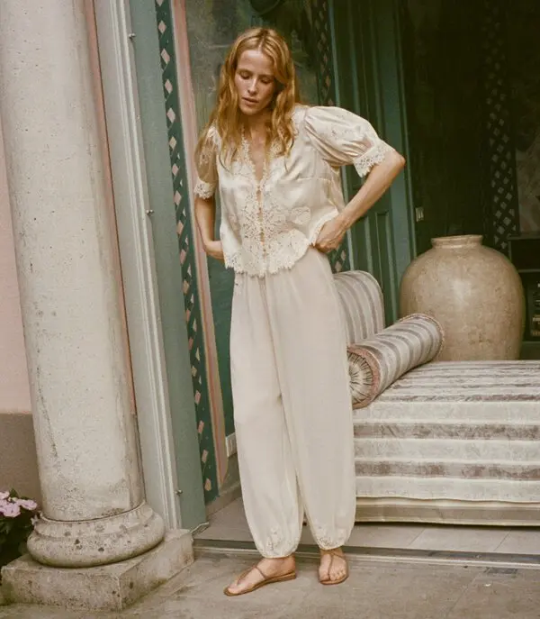 DÔEN Yaria Silk Georgette Balloon Leg Pants With Lace Detail