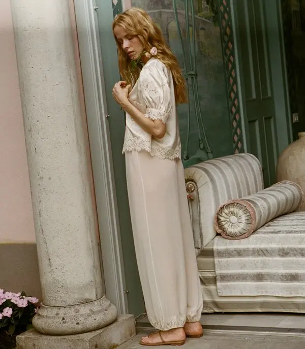 DÔEN Yaria Silk Georgette Balloon Leg Pants With Lace Detail