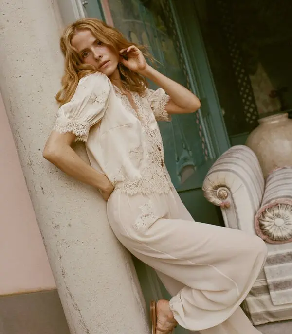 DÔEN Yaria Silk Georgette Balloon Leg Pants With Lace Detail