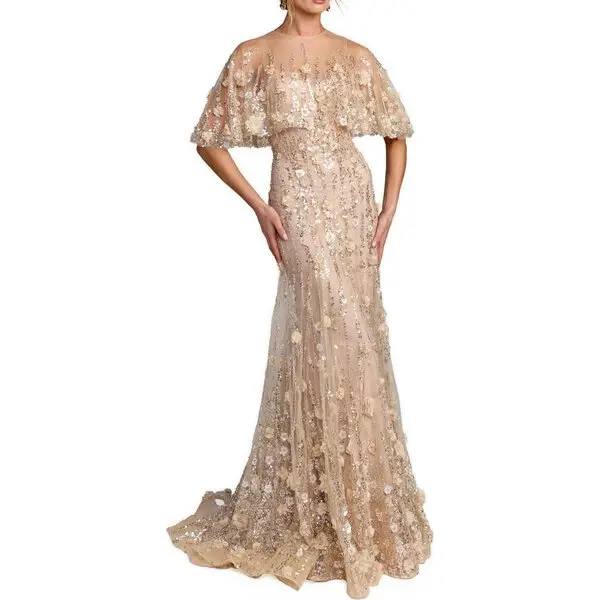 Mac Duggal Petite Embellished Cape Sleeve Mermaid Gown