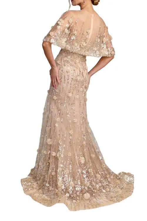 Mac Duggal Petite Embellished Cape Sleeve Mermaid Gown