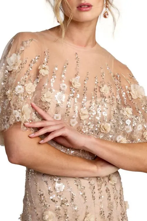 Mac Duggal Petite Embellished Cape Sleeve Mermaid Gown