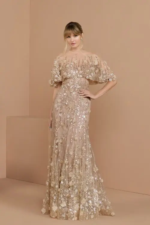 Mac Duggal Petite Embellished Cape Sleeve Mermaid Gown
