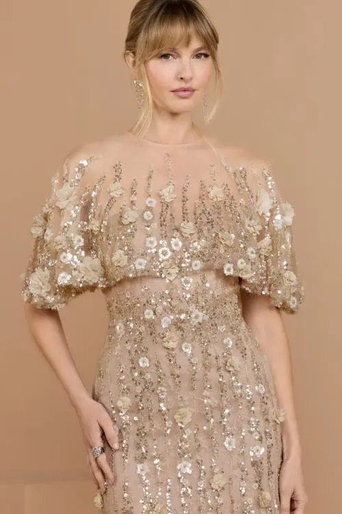 Mac Duggal Petite Embellished Cape Sleeve Mermaid Gown