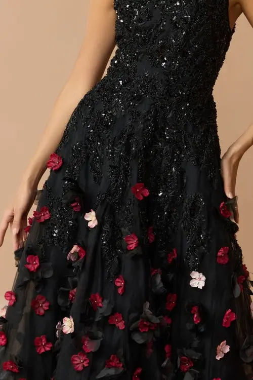 Mac Duggal Petite Sleeveless Beaded Midi Dress With 3d Flowers