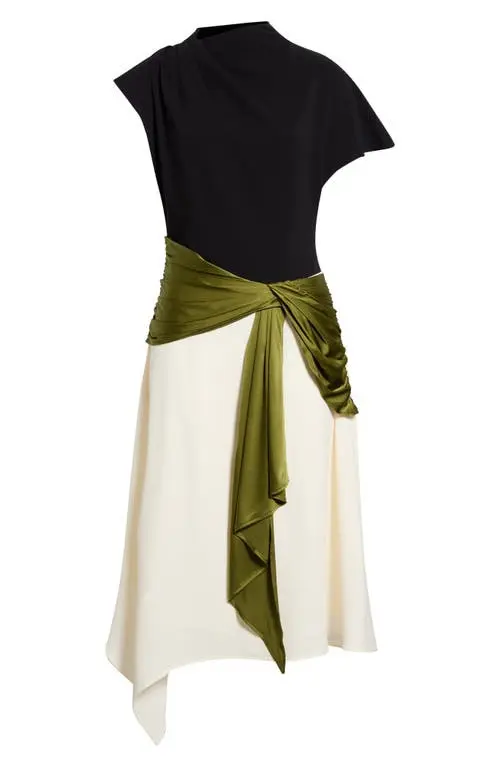 Staud Davina Mock Neck Asymmetric Dress - Black/pear Multi