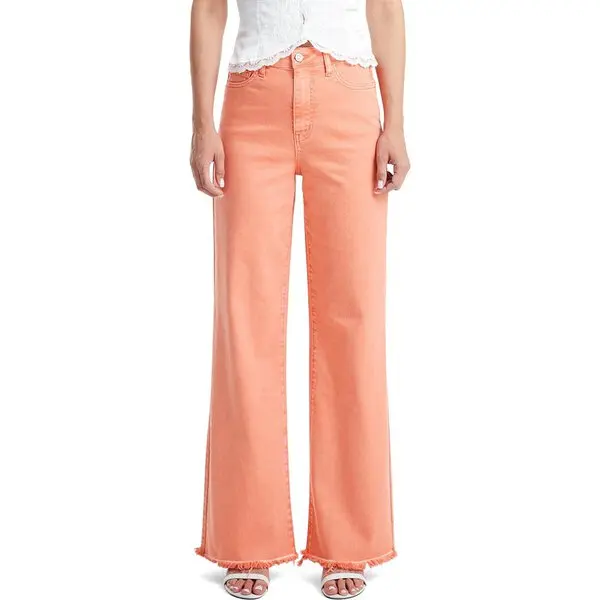 BAYEAS High Waist Wide Leg Jeans With Raw Hems - Coral