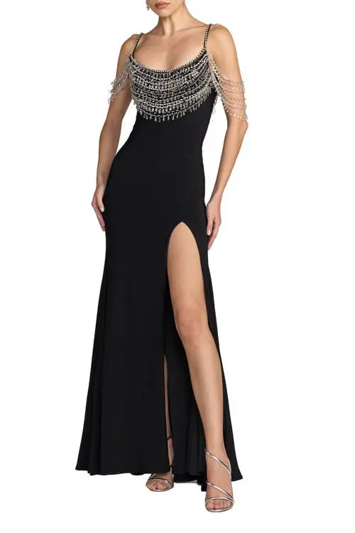 Mac Duggal Crystal Beaded Scoop Back Jersey Gown With Slit