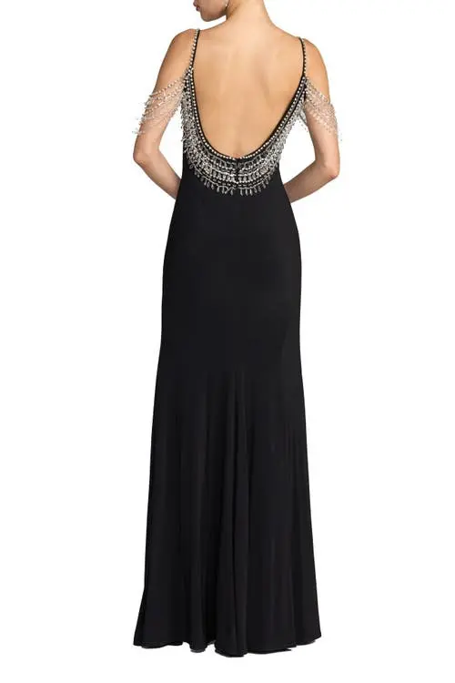 Mac Duggal Crystal Beaded Scoop Back Jersey Gown With Slit