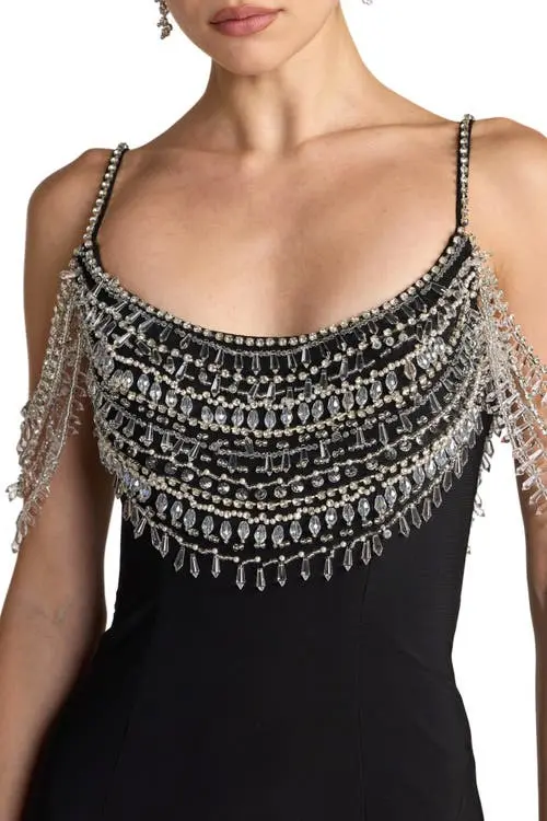 Mac Duggal Crystal Beaded Scoop Back Jersey Gown With Slit