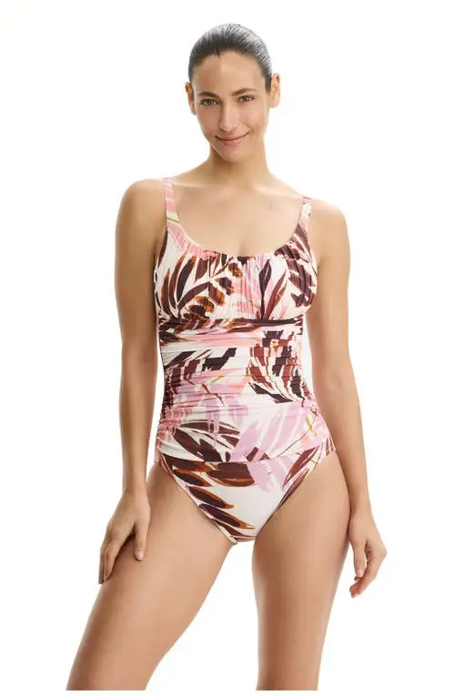 GOTTEX Island Breeze Shirred Peasant One Piece - Brown-pink