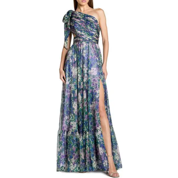 Mac Duggal Petite One Shoulder Floral Printed Chiffon Side Cut Out Gown
