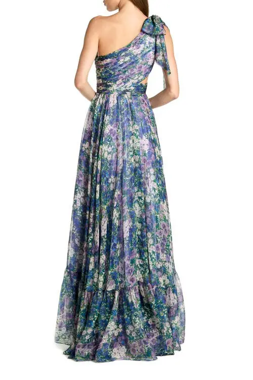 Mac Duggal Petite One Shoulder Floral Printed Chiffon Side Cut Out Gown