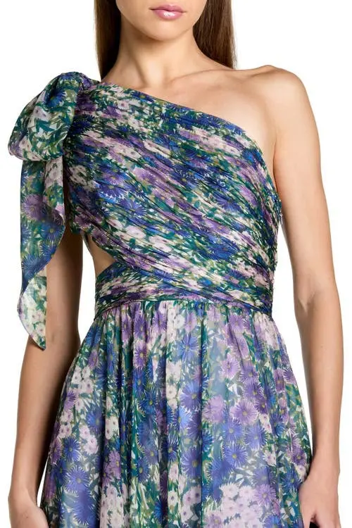 Mac Duggal Petite One Shoulder Floral Printed Chiffon Side Cut Out Gown