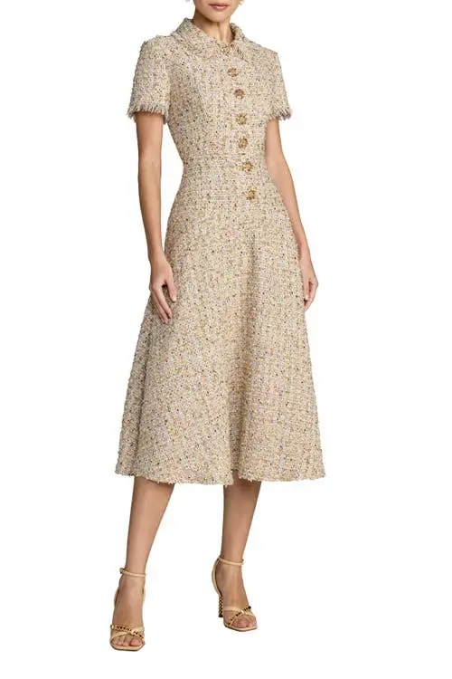 Mac Duggal Boucle Cap Sleeve Collared Neck A Line Midi Dress - Ecru Multi