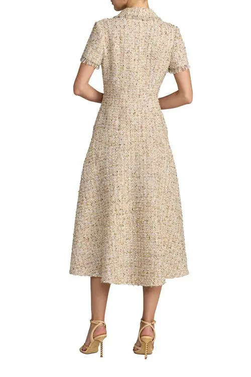 Mac Duggal Boucle Cap Sleeve Collared Neck A Line Midi Dress
