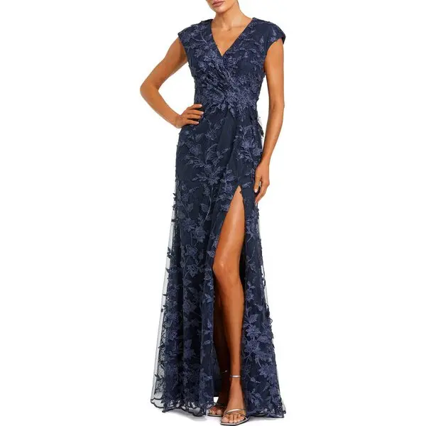 Mac Duggal Petite Faux Wrap Embroidered Cap Sleeve Gown - Midnight