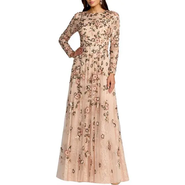 Mac Duggal Embellished Lace Floral Long Sleeve A-line Gown