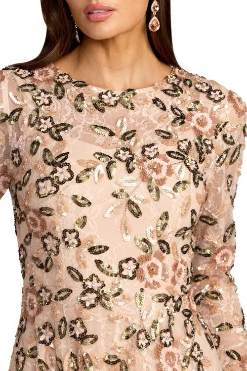 Mac Duggal Embellished Lace Floral Long Sleeve A-line Gown