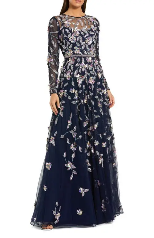 Mac Duggal Petite Long Sleeve Floral Embellished Evening Gown