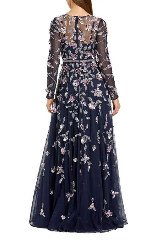 Mac Duggal Petite Long Sleeve Floral Embellished Evening Gown