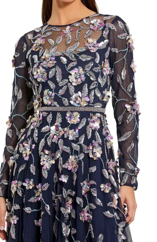 Mac Duggal Petite Long Sleeve Floral Embellished Evening Gown