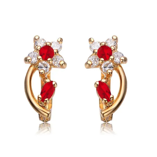 GENEVIVE White / Red / Gold Sterling Silver Gold Plated Ruby Cubic Zirconia Flower Huggie Earrings - White/red/gold