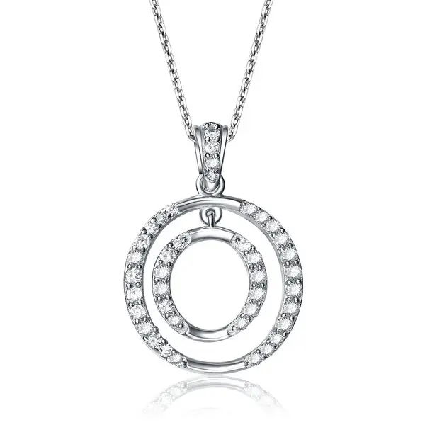 GENEVIVE Sterling Silver White Gold Plated Cubic Zirconia Drop Circle Pendant Necklace - White/silver
