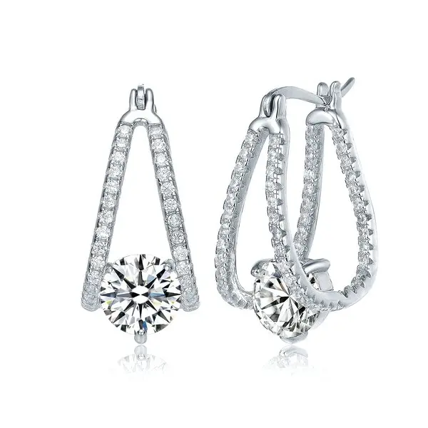 GENEVIVE Gold Plated With Clear Cubic Zirconia Solitaire Double Trapeze Inside-out Oblong Hoop Earrings - White